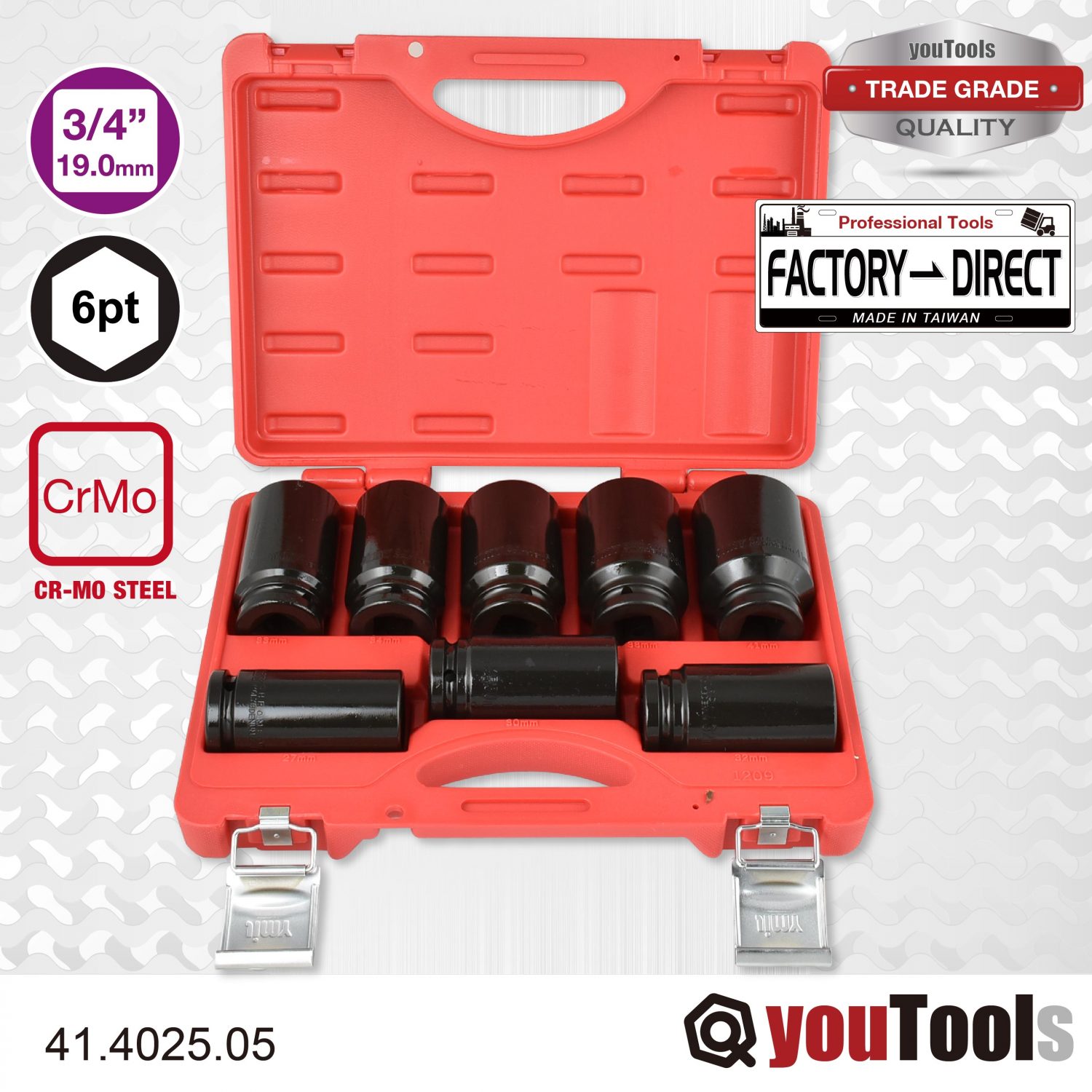 8PCE 3/4″ Drive Deep Impact Socket Metric CrMo Steel 27~41 mm | YouTools